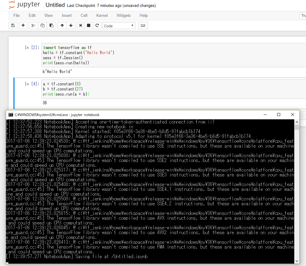 jupyter notebook で tensorflow 始動 : 自分用メモ