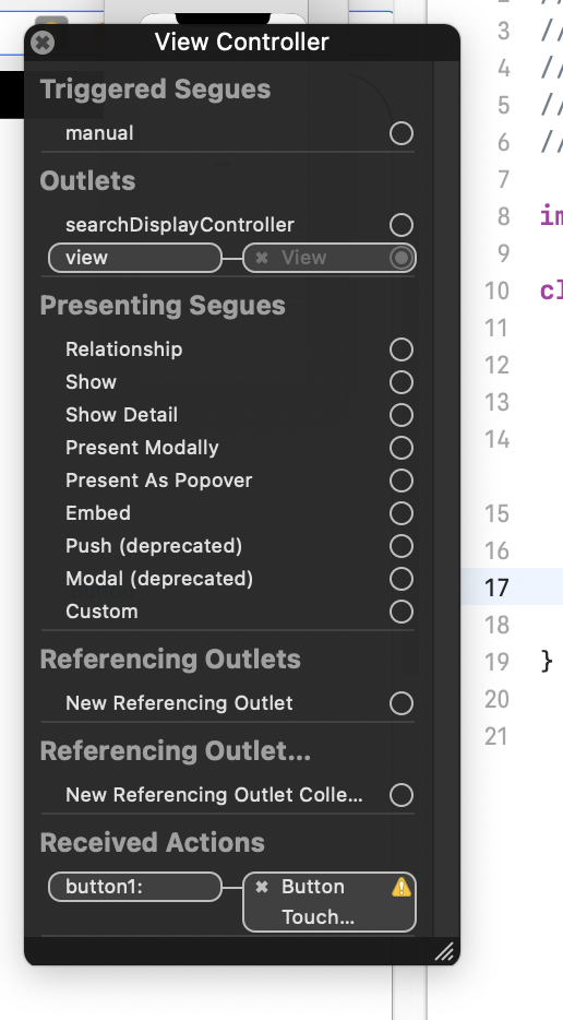 アプリ開発 エラー対応① Thread 1: "-[error.ViewController button1:]: unrecognized selector sent to instance ...