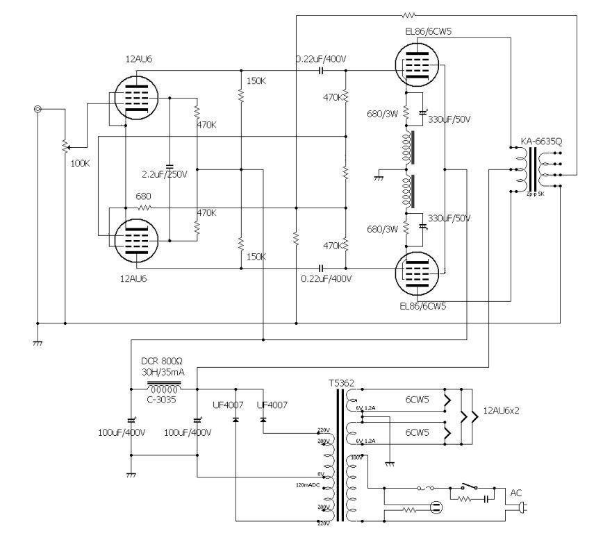6CW5 QUAD型アンプの脳内製作（机上での回路） : ものぐさオーディオの日記