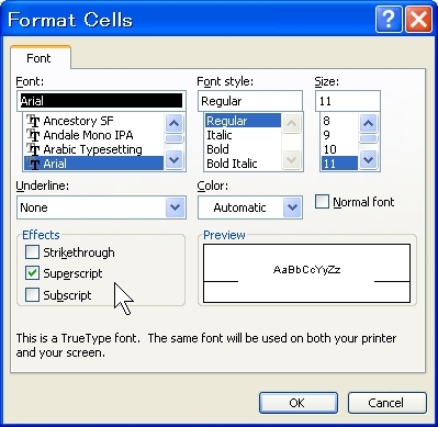 Andrew's Excel Tips:Superscript and Subscript