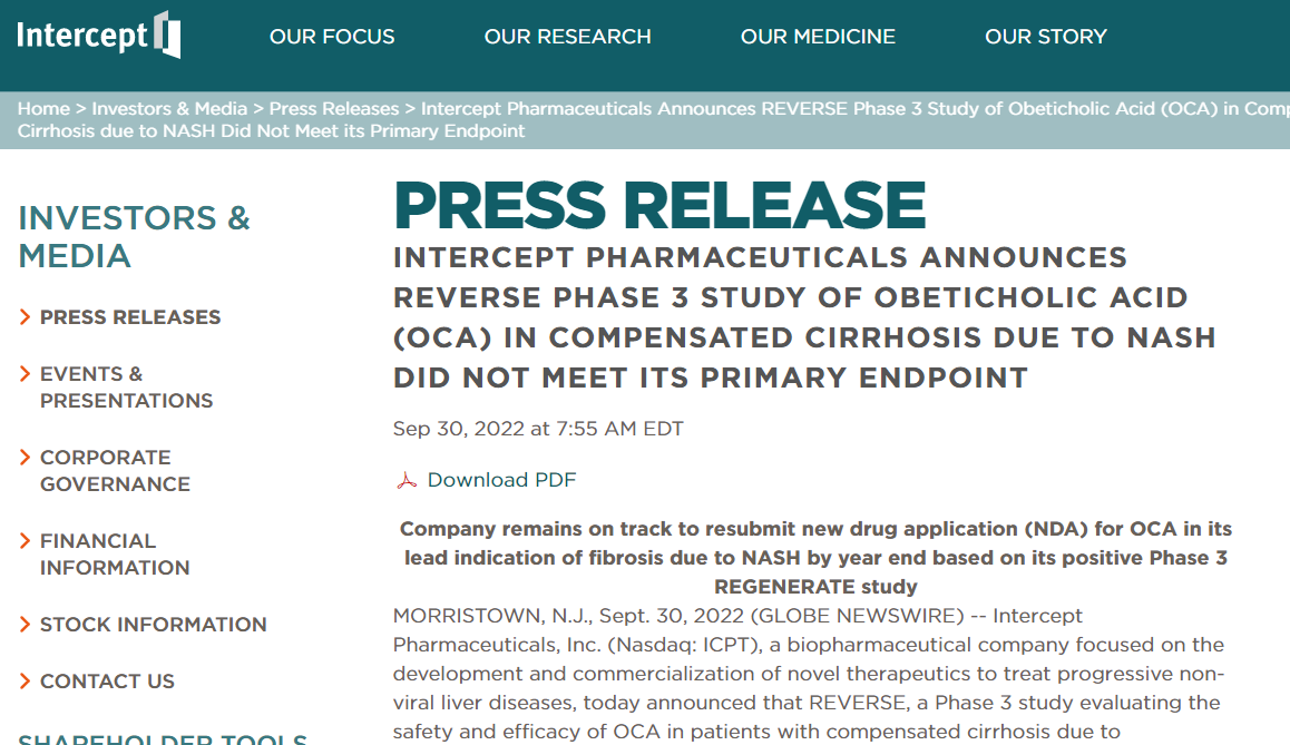 米インターセプト OCA NASH代償性肝硬変試験（REVERSE）で主要評価項目未達を発表 : GNI グローバル中堅製薬会社への道