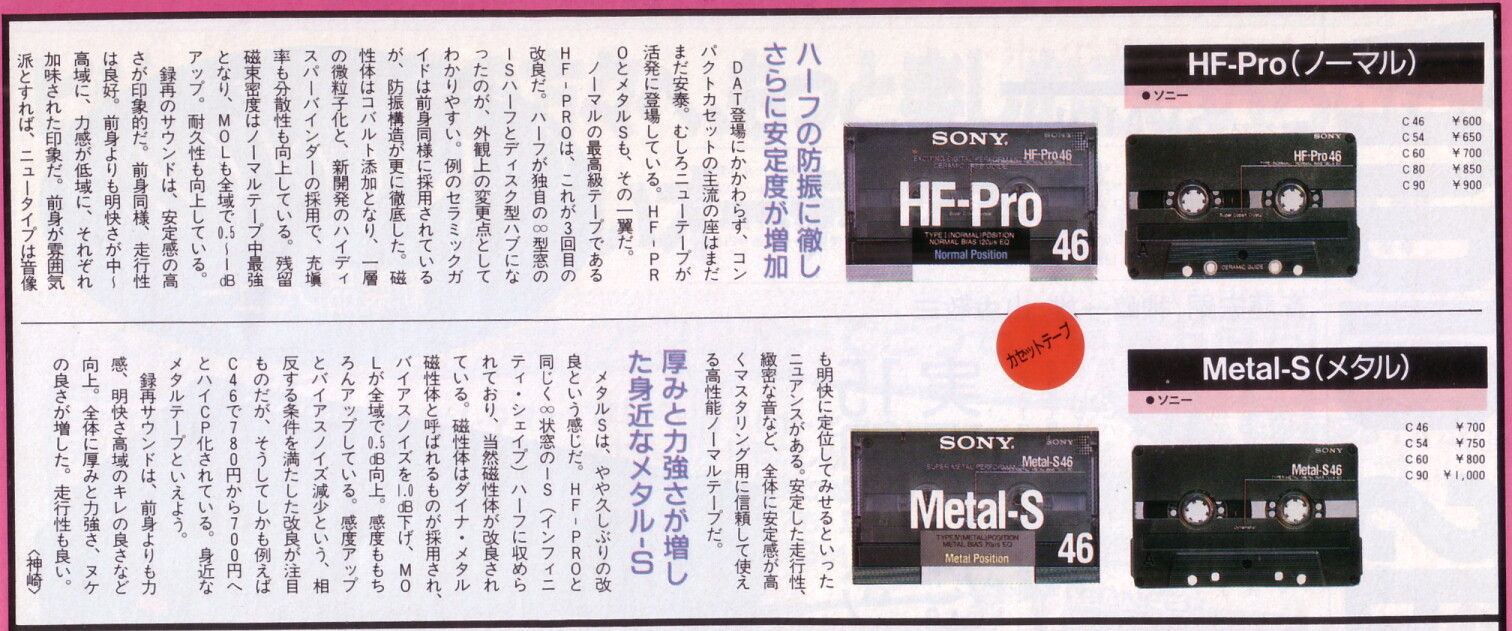 コンパクト・カセット情報館 : SONY HF-PRO UX-PRO METAL-S METAL-ES ('88)