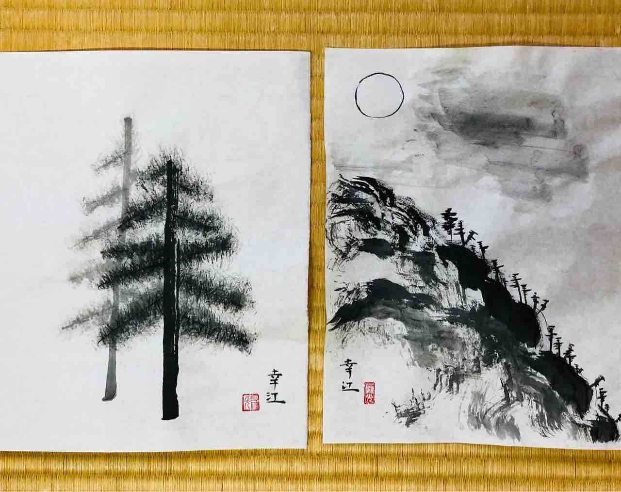 西日暮里第二日曜教室 木とススキを描く : 橙月水墨画教室 Sumi-e class in Tokyo