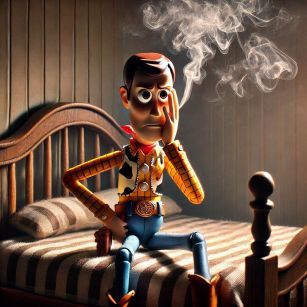 "Woody stands alone at the other end of the bed, fuming."の"fuming"はどのよう ...