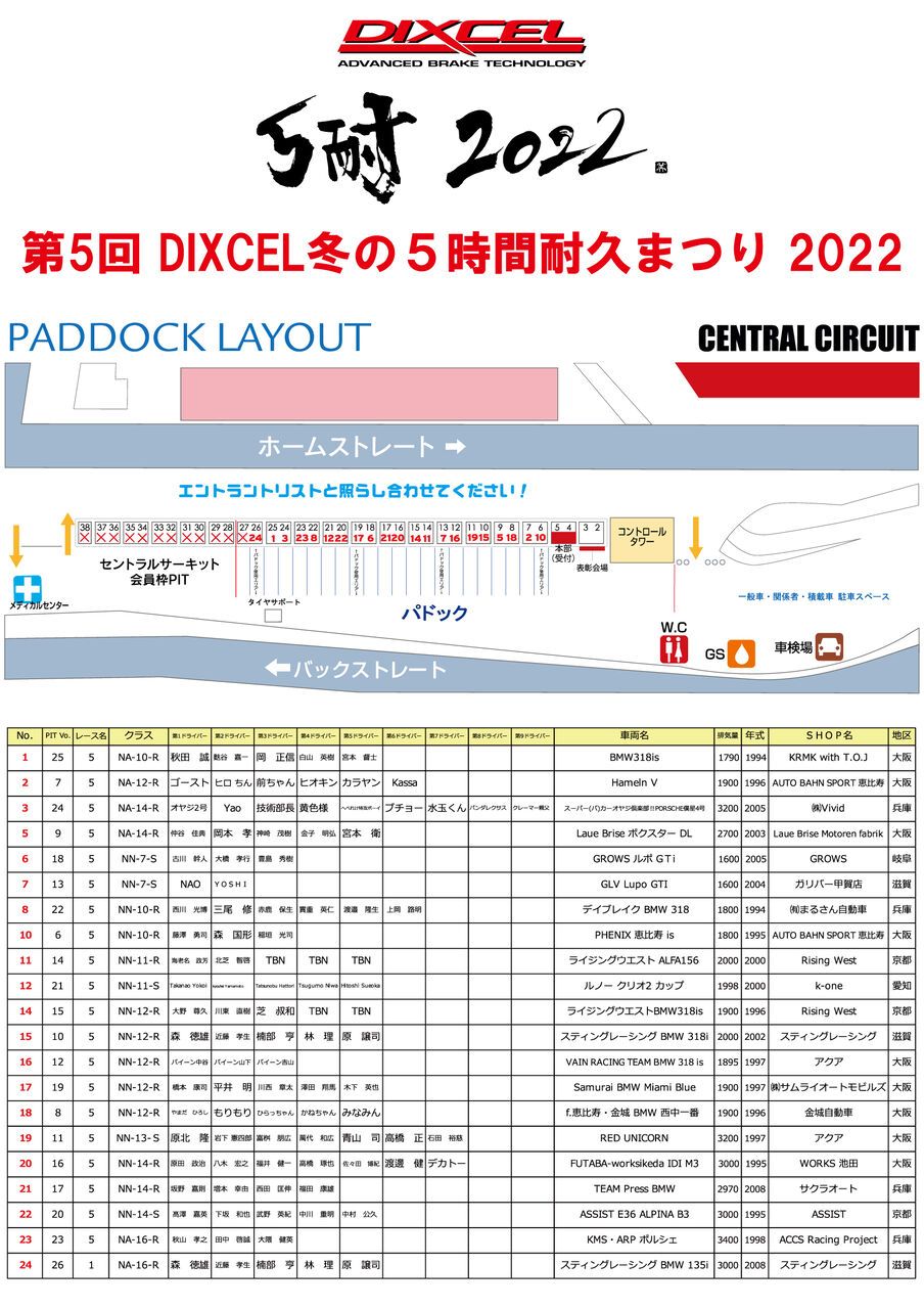 第4回DIXCEL冬の5時間耐久まつり2022 PIT＆パドックレイアウト : DIXCEL耐久レースシリーズ2025