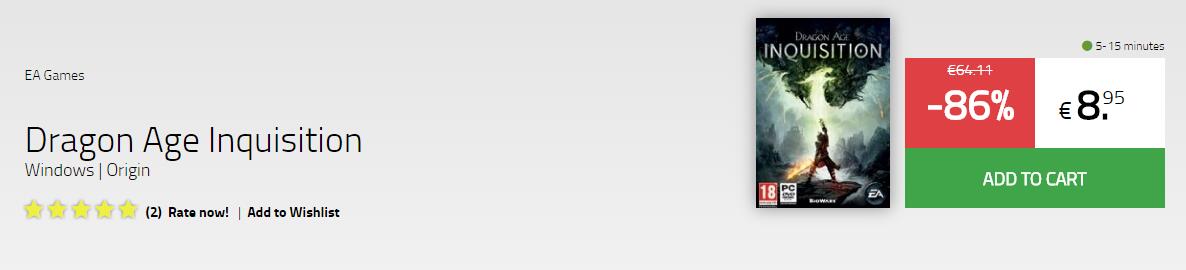 PC Gamer リスト更新中 : GamesrocketでDragon Age Inquisitionが8.95EUR