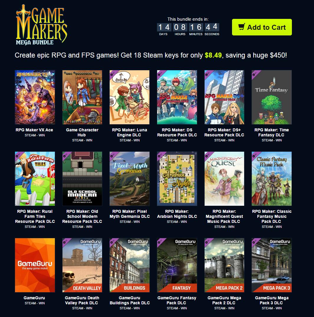 PC Gamer リスト更新中 : Bundle Starsで18本詰め合わせで$8.5のGame Maker Mega Bundle