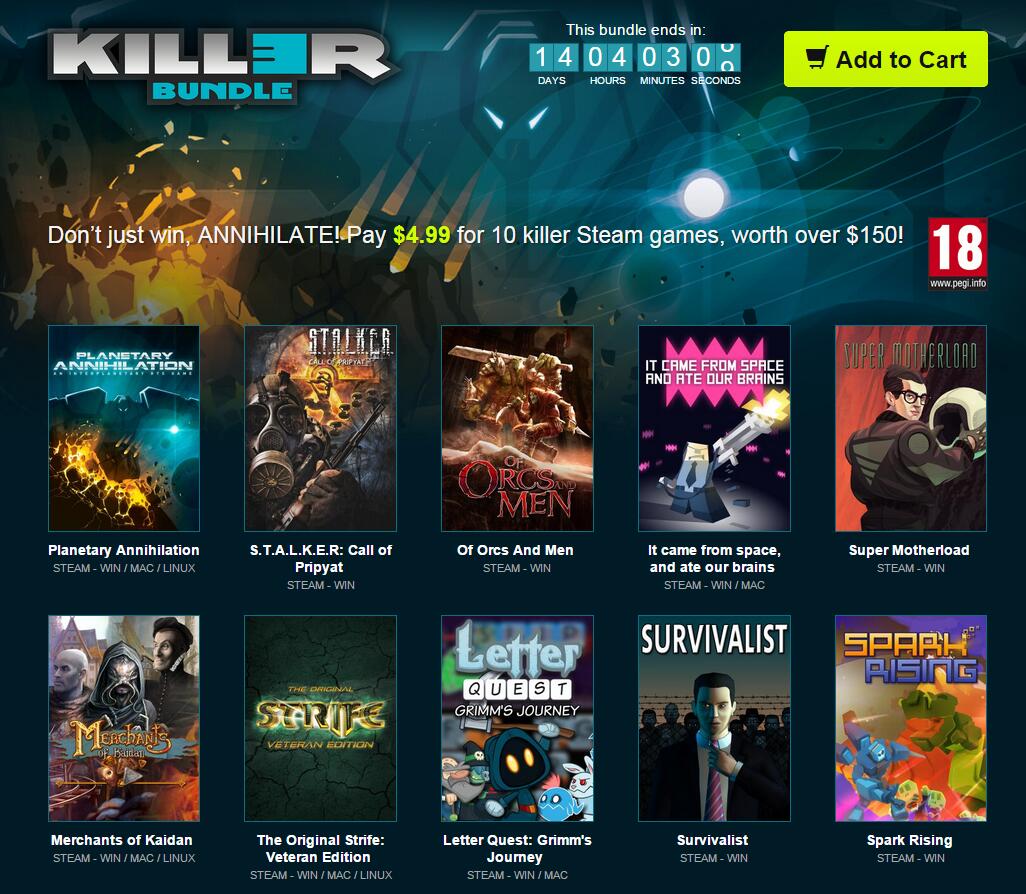 PC Gamer リスト更新中 : Bundle Starsで$5のKiller Bundle3～Of Orcs And MenやSTALKER Call of Pripyatなど