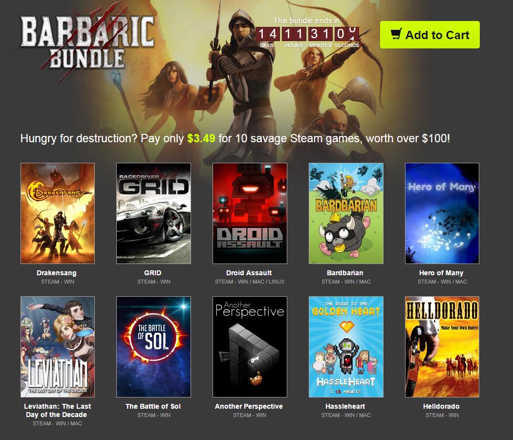 PC Gamer リスト更新中 : Bundle StarsにBarbaric Bundle$3.5～DrakensangやGridなど