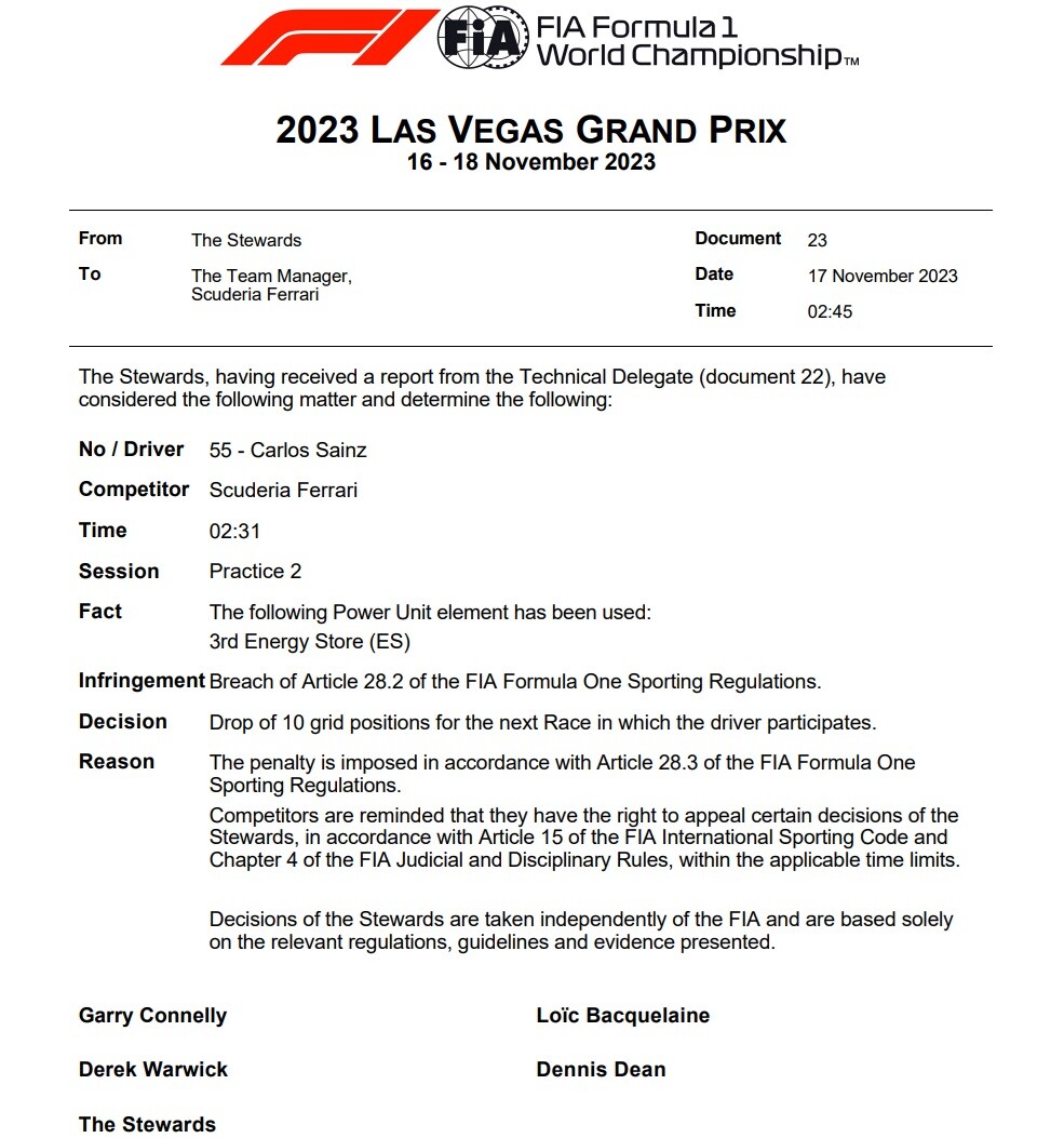 カルロス・サインツ PU交換でグリッド降格：2023年F1ラスベガスGP : F1通信jp