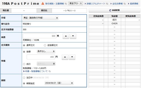 PostPrime（IPO初値売り） : やってみたかったので（株）
