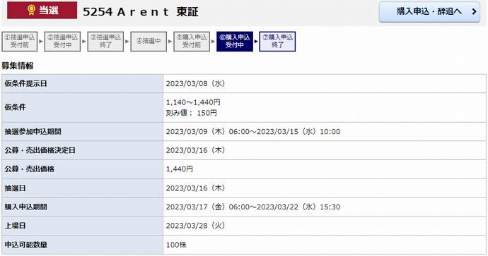 IPO初値予想/分析 IPOストライカーの投資ブログ！ : 【IPO当選】 Arent（5254）が当選しました！