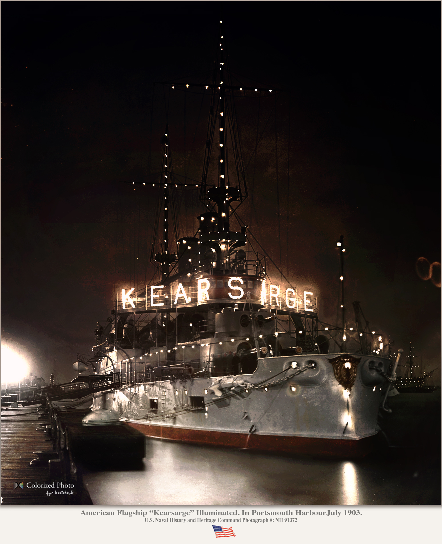 USS Kearsarge (BB-5) illuminates a fitting sign on her bridge while ...