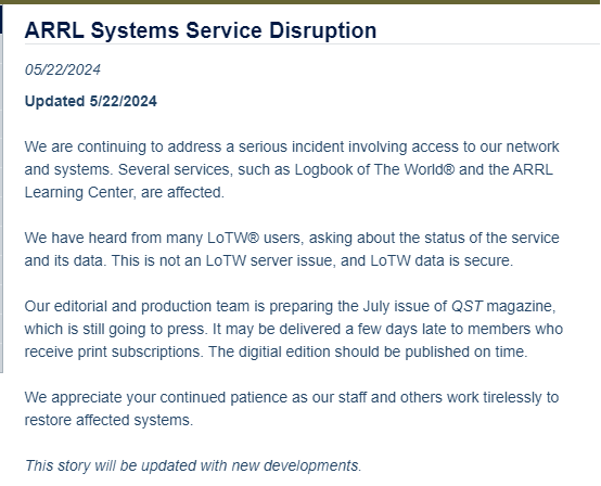 LoTW障害 ARRLの追加アナウンス : 向島ポンポコ日記