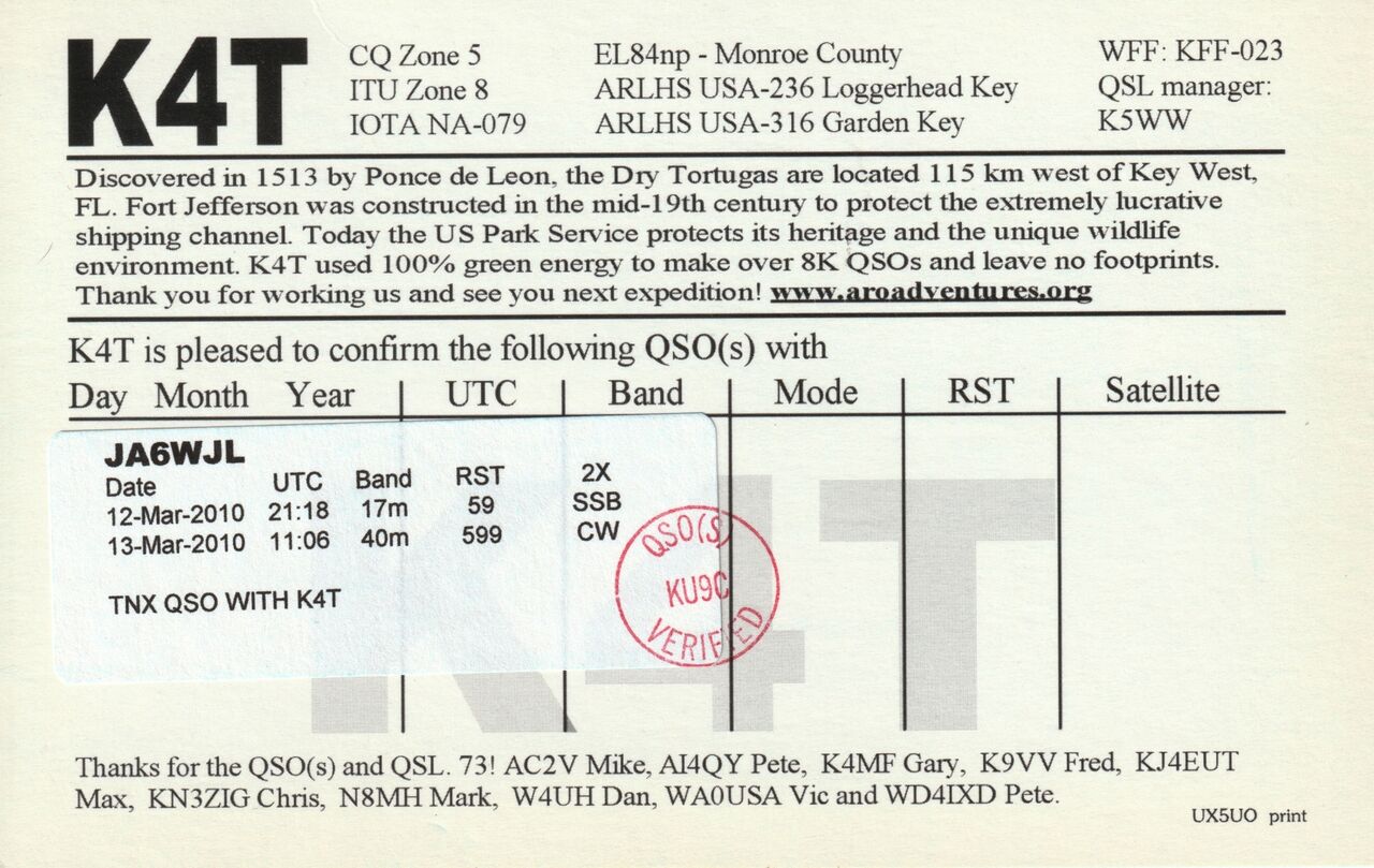 西の果てから「じゃぱ～ん」を叫ぶ : IOTA 近着のQSL 1枚 NA-079 Garden Key K4T