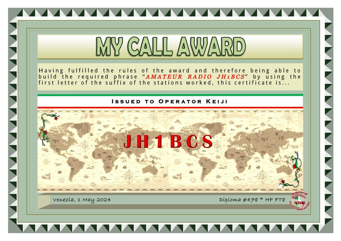 JH1BCS アマチュア無線アワードのブログ : MY CALL AWARD