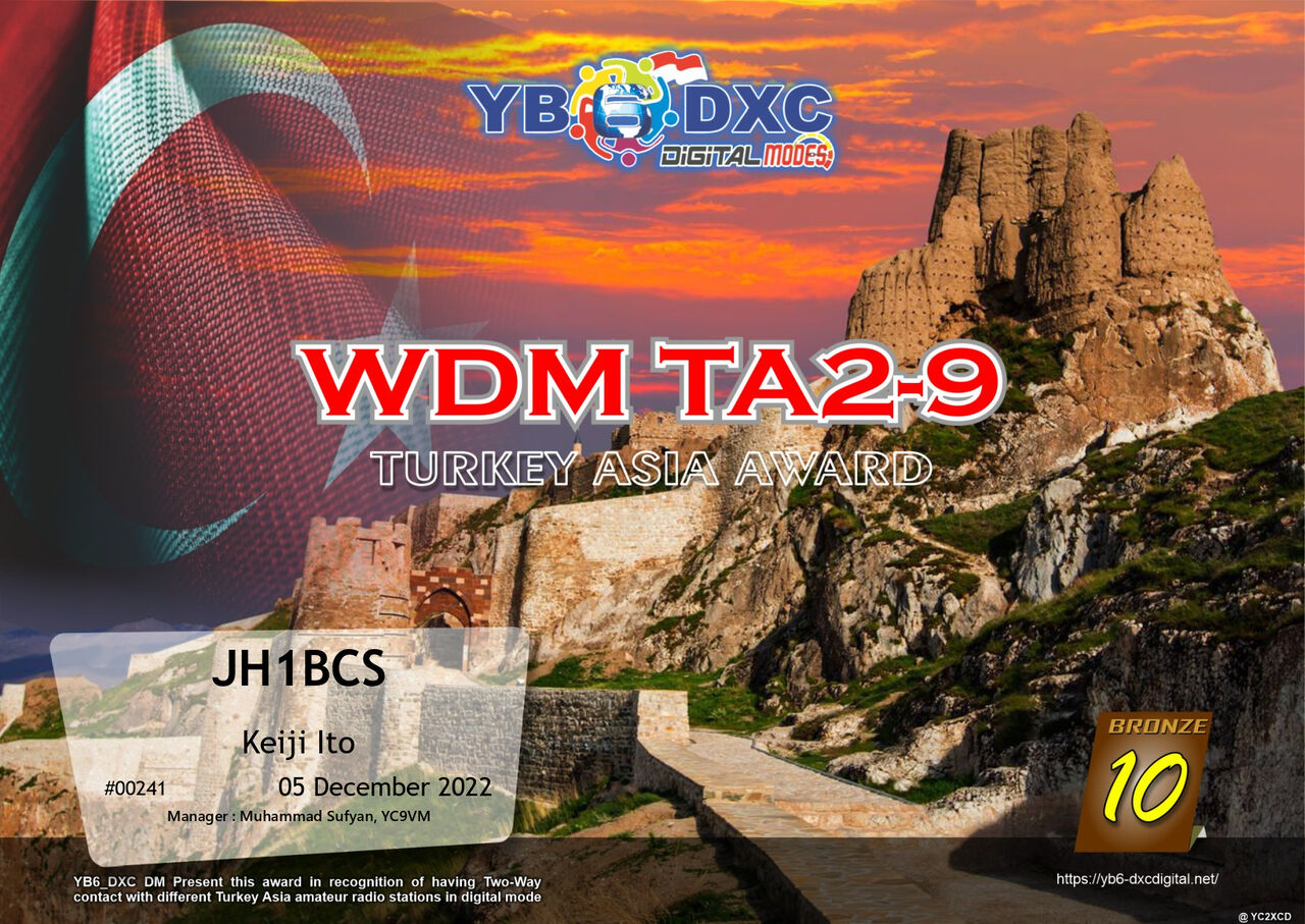 JH1BCS アマチュア無線アワードのブログ : YB6_DXC TURKEY ASIA AWARD WDM TA2-9
