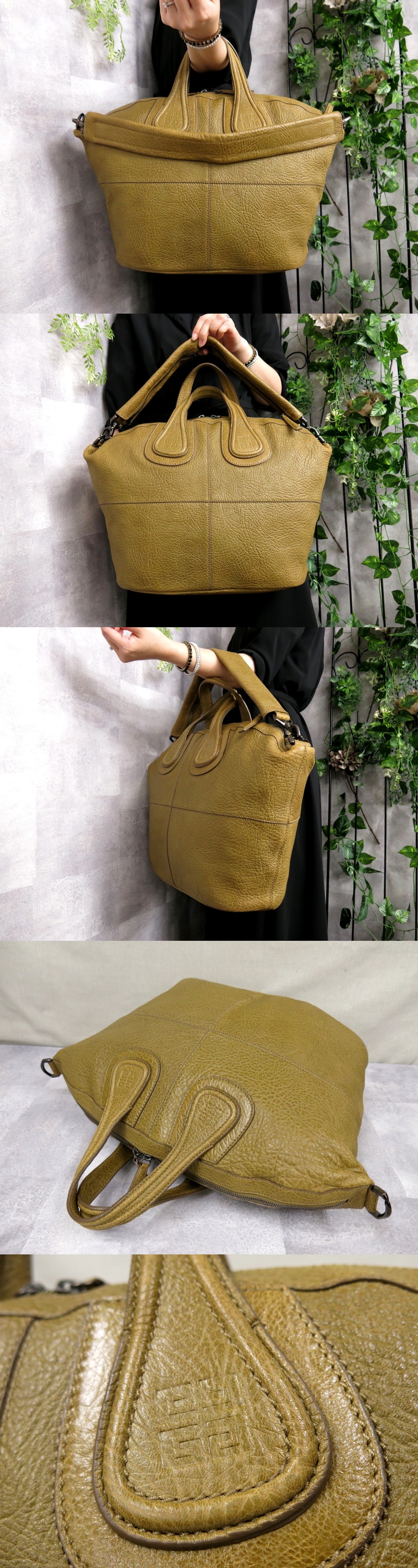 代購代標第一品牌－樂淘letao－ 超美品 GIVENCHY ジバンシィ ナイチンゲール ロゴ型押し カーフ レザー 本革 2way ハンド バッグ カーキ A4 収納 かばん Js40242