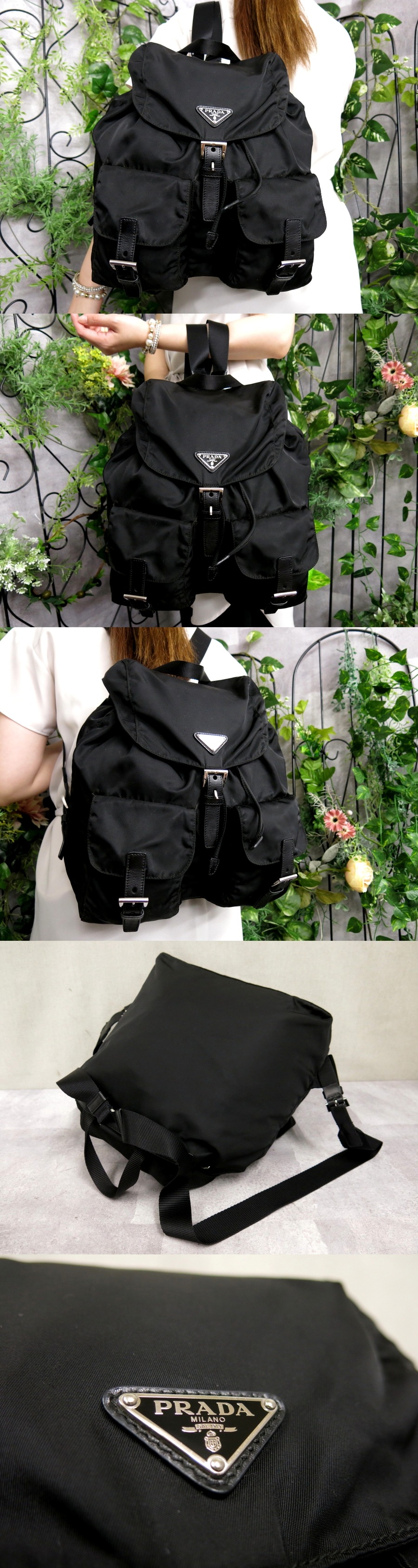 日本代購代標第一品牌【樂淘letao】－ 超美品 PRADA プラダ 三角ロゴプレート ポコノ ナイロン カーフ レザー 本革 リュックサック 黒 SV金具 イタリア製 B5 Js48193