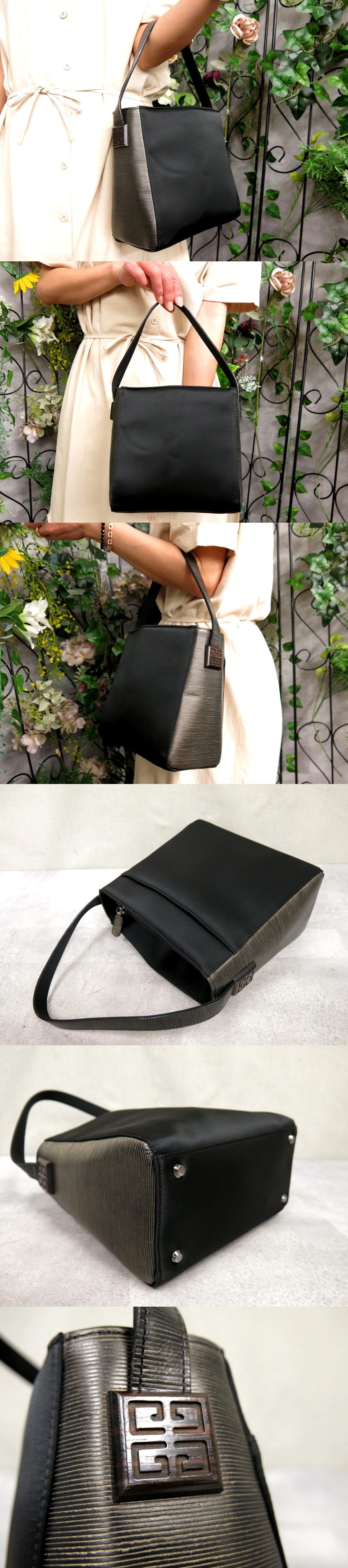 【樂淘letao】日本代購代標第一品牌－ 超美品 GIVENCHY ジバンシィ 4Gロゴ ナイロン カーフ レザー 本革 ハンド バッグ 黒 グレー 腕掛け かばん Js57511