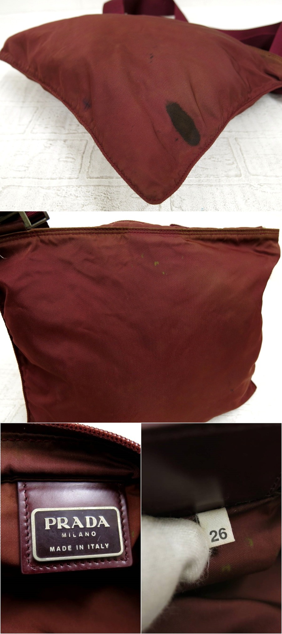 日本代購代標第一品牌【樂淘letao】－ PRADA プラダ 三角ロゴプレート ナイロン カーフ レザー 本革 ショルダー バッグ ボルドー SV金具 イタリア製 斜め掛け A5616