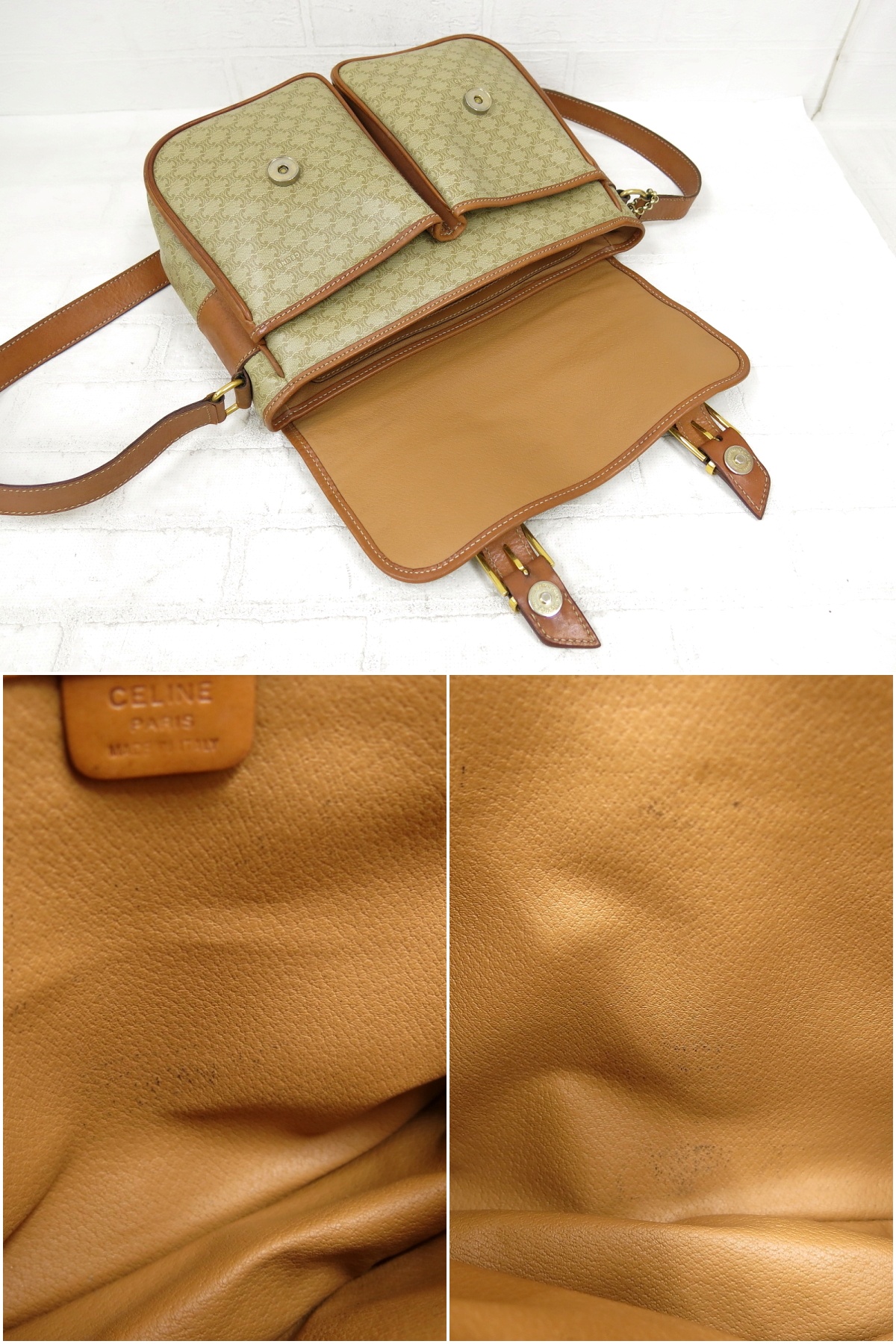 美品 CELINE セリーヌ マカダム PVC カーフ レザー 本革 ショルダー バッグ ベージュ キャメル ゴールド金具 フラップ A10411－Funbid香港本地日本代購網站