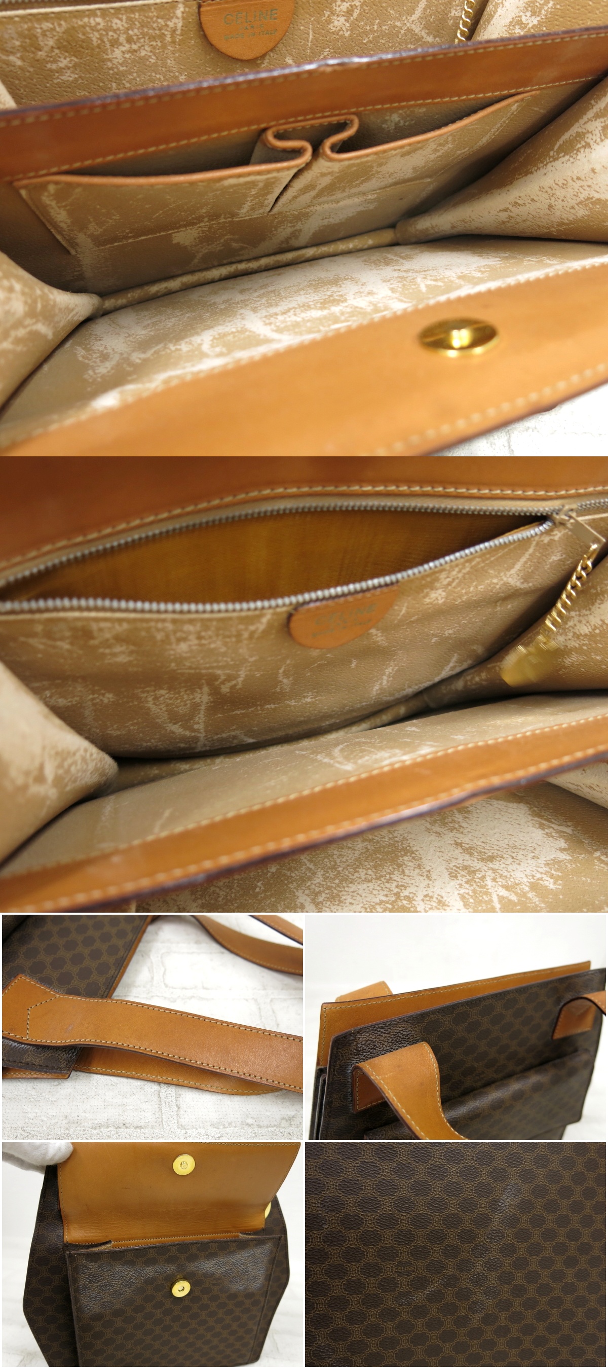 超美品 CELINE セリーヌ マカダム PVC カーフ レザー 本革 ショルダー バッグ ブラウン キャメル ゴールド金具 イタリア製 A11456－Funbid香港本地日本代購網站