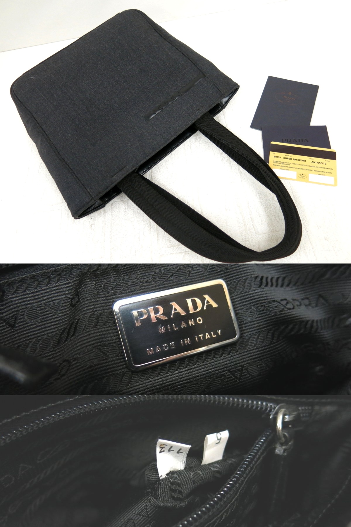 代購代標第一品牌－樂淘letao－ PRADA プラダ スポーツ ナイロン カーフ レザー 本革 ハンド トート バッグ チャコールグレー 黒 イタリア製 ヴィンテージ A1104