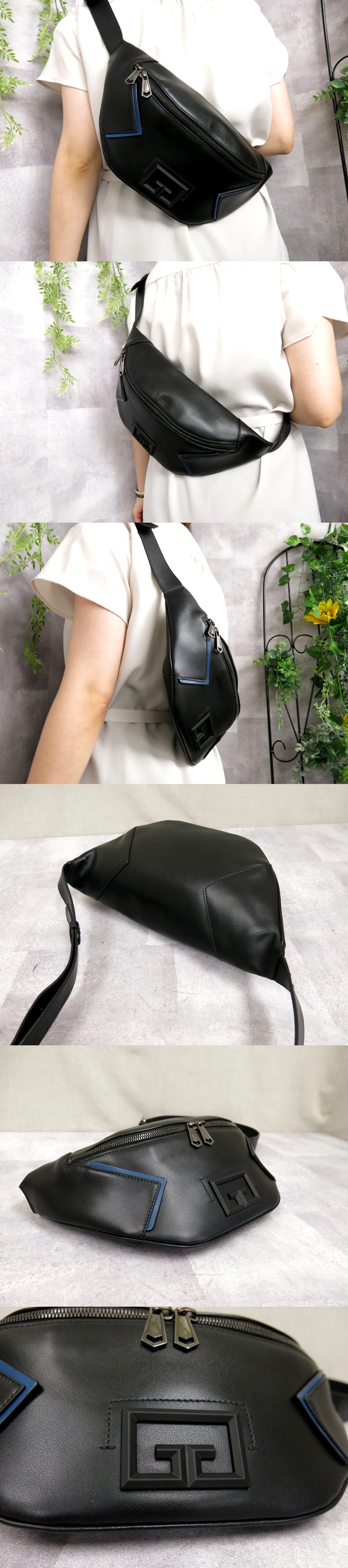 代購代標第一品牌－樂淘letao－ 超美品 GIVENCHY ジバンシィ メンズ カーフ レザー 本革 ボディ バッグ 黒 ブルー 斜め掛け Js39211