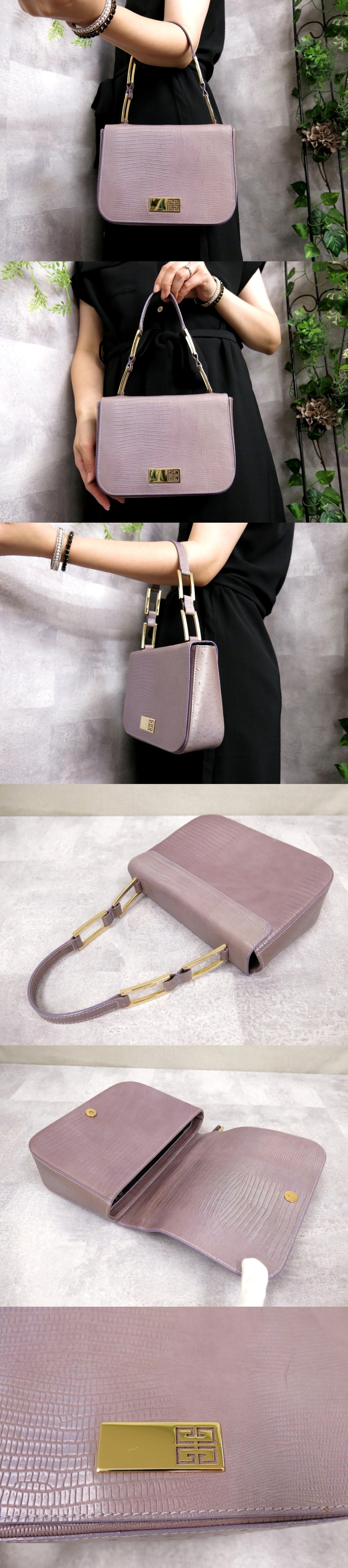 代購代標第一品牌－樂淘letao－ 超美品 GIVENCHY ジバンシィ 4Gロゴ オーストリッチ 型押し レザー 本革 ハンド バッグ メタリックパープル 腕掛け Js39623