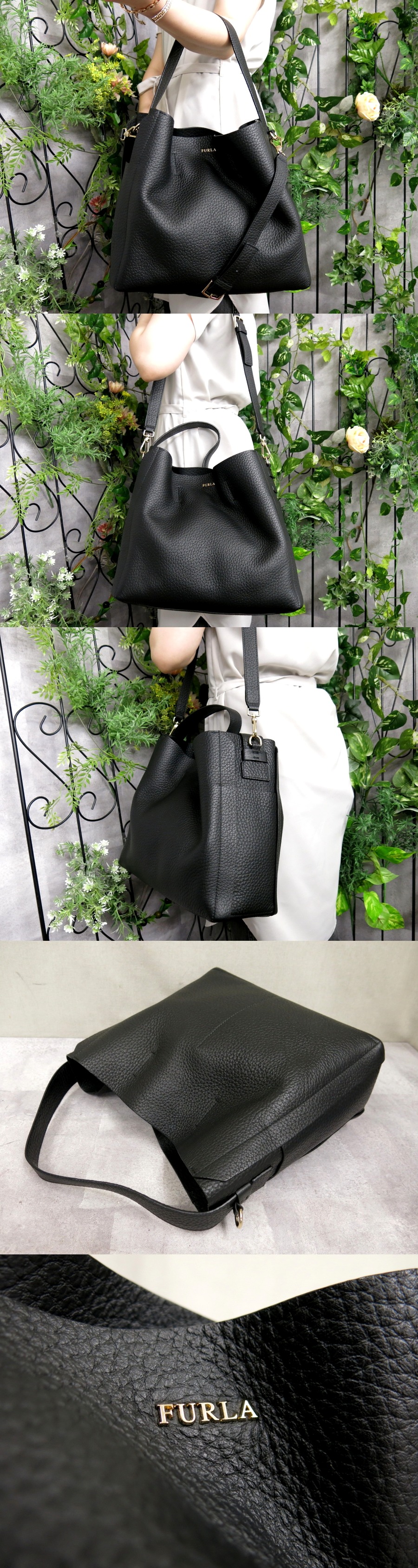 日本代購代標第一品牌【樂淘letao】－ 超美品 新品同様 FURLA フルラ カプリッチョ ホーボー ロゴ金具 カーフ レザー 本革 2way ハンド バッグ 黒 G金具 B5 Js47605