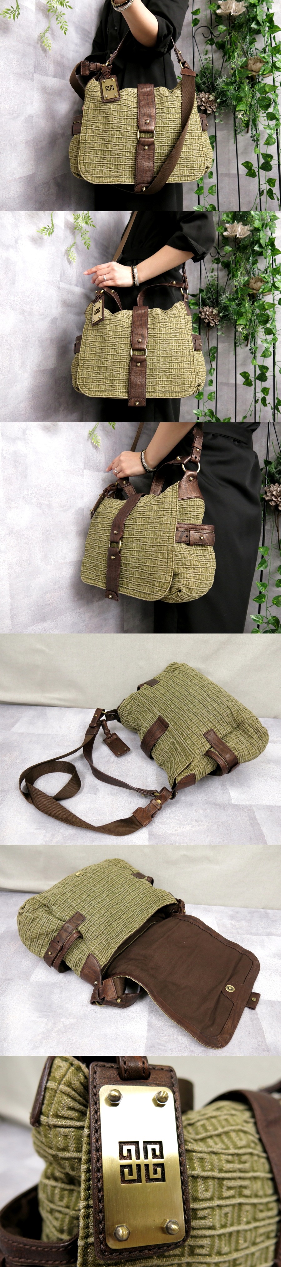 日本代購代標第一品牌【樂淘letao】－超美品 GIVENCHY ジバンシィ 4Gロゴ 総柄 キャンバス カーフ レザー 本革 2way ハンド バッグ グリーン ブラウン B5 収納 Js42160