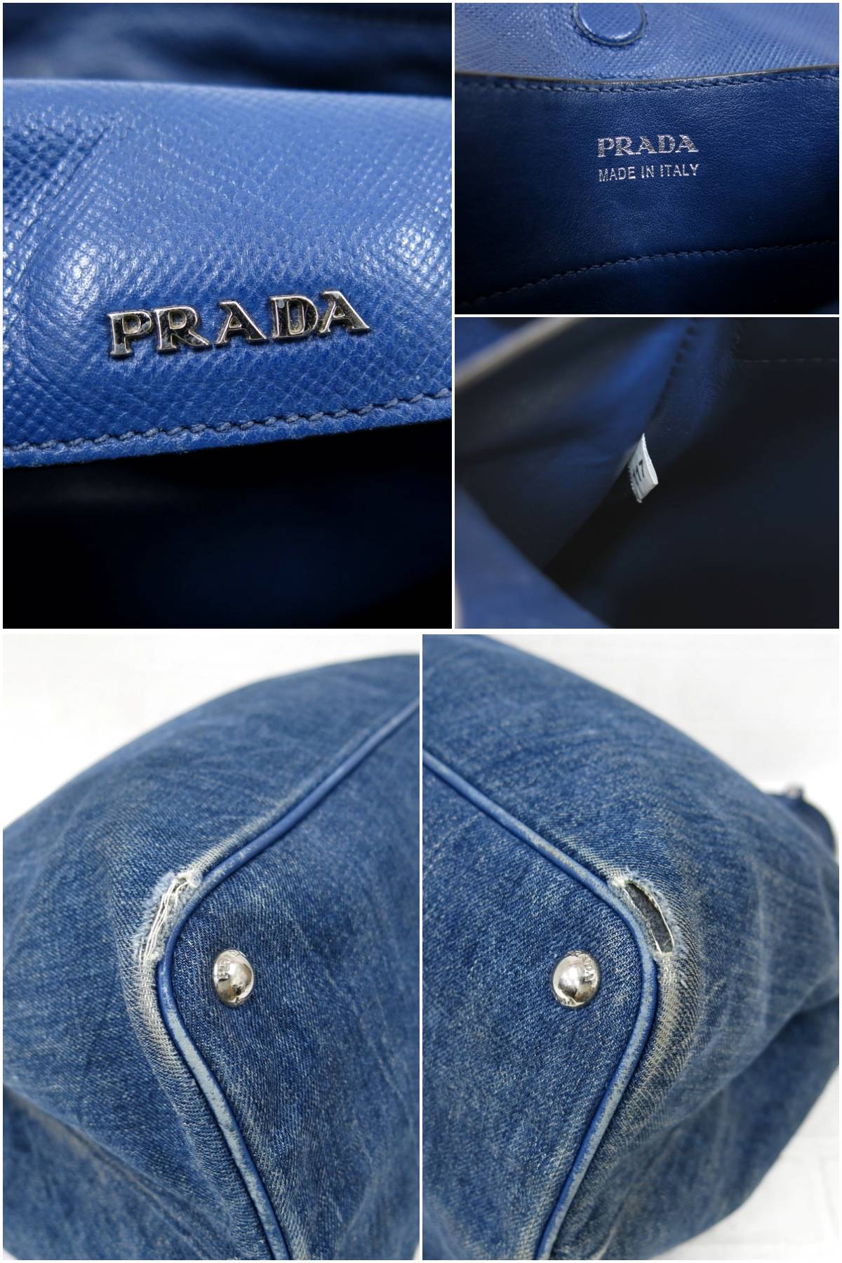 日本代購代標第一品牌【樂淘letao】－ PRADA プラダ デニム サフィアーノ レザー 本革 トート バッグ ブルー シルバー金具 イタリア製 肩掛け 三角ロゴプレート A8281