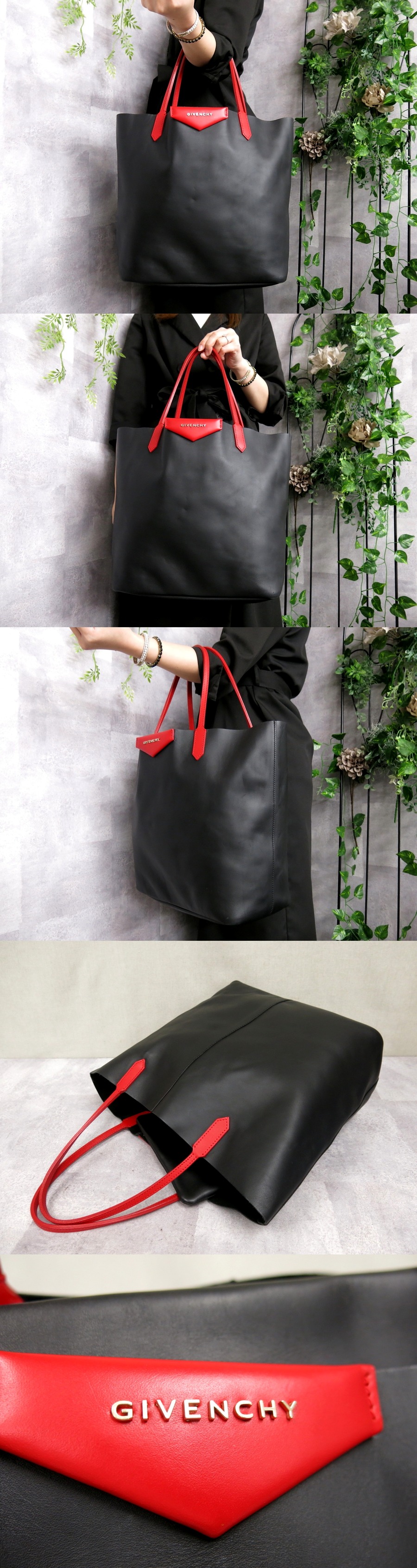 日本代購代標第一品牌【樂淘letao】－ 超美品 GIVENCHY ジバンシィ バイカラー レザー 本革 トート バッグ 黒 赤 ゴールド金具 肩掛け A4 収納 書類 かばん Js43160