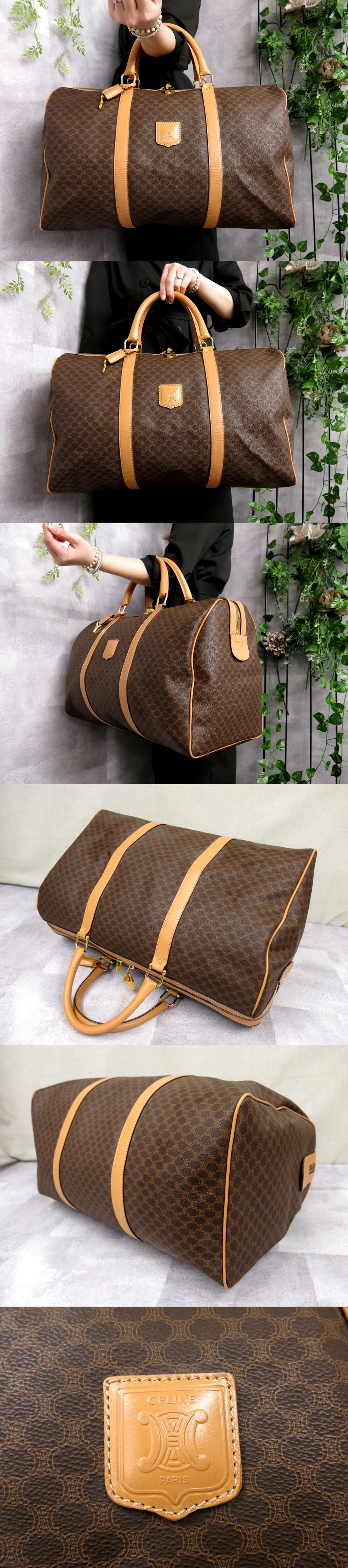 超美品 CELINE セリーヌ マカダム PVC カーフ レザー 本革 ボストン バッグ 茶系 G金具 腕掛け 大容量 旅行 かばん Js42992－日本代購代Bid第一推介「Funbid」