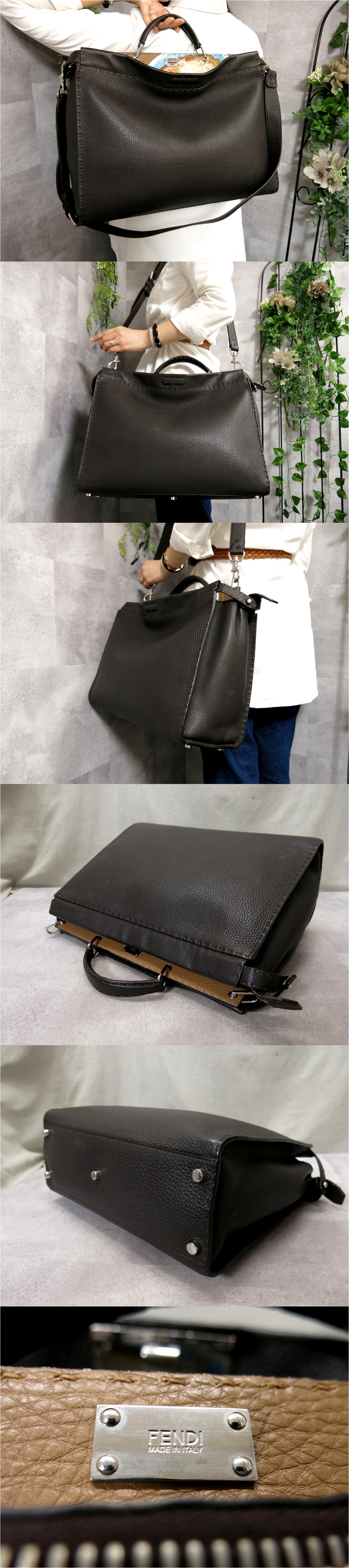 代購代標第一品牌－樂淘letao－超美品 新品同様 FENDI フェンディ セレリア ピーカブー 7VA388 ステッチ カーフ レザー 本革 2way ハンド バッグ こげ茶 Js35166