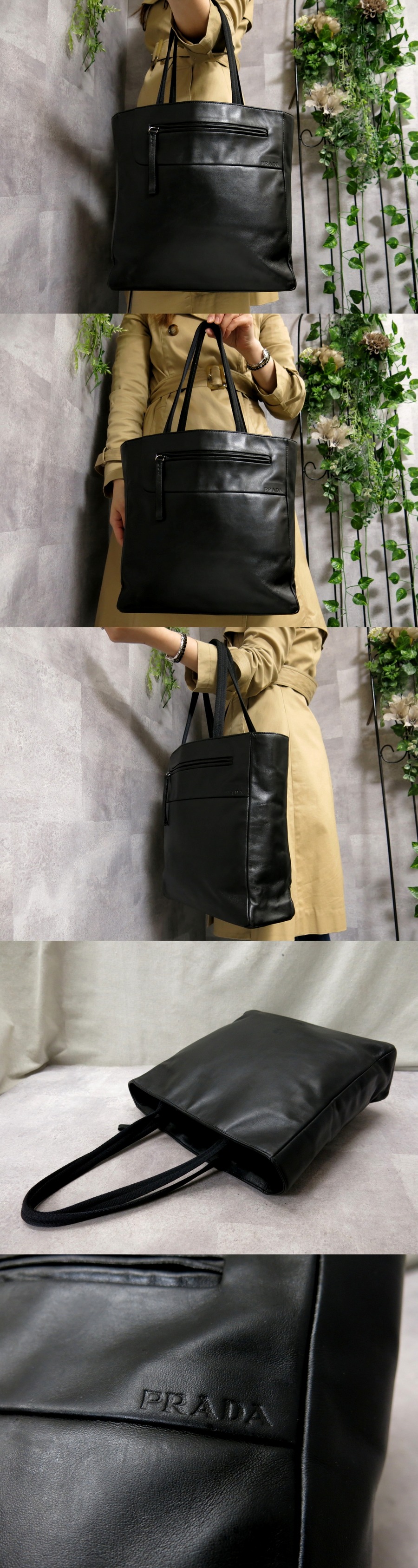 代購代標第一品牌－樂淘letao－ 超美品 PRADA プラダ メンズ ロゴ型押し ラム レザー 本革 トート バッグ 黒 ヴィンテージ 肩掛け A4 ビジネス 書類 Js33480