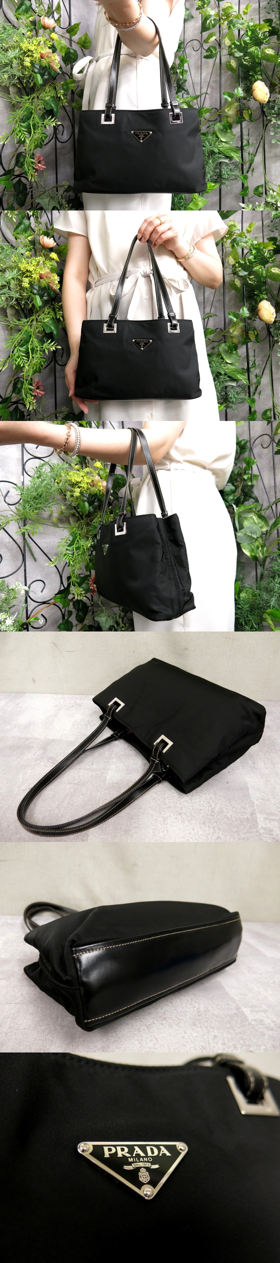 日本代購代標第一品牌【樂淘letao】－ 超美品 PRADA プラダ 三角ロゴプレート ステッチ ポコノ ナイロン カーフ レザー 本革 ハンド バッグ 黒 SV金具 かばん Js47272