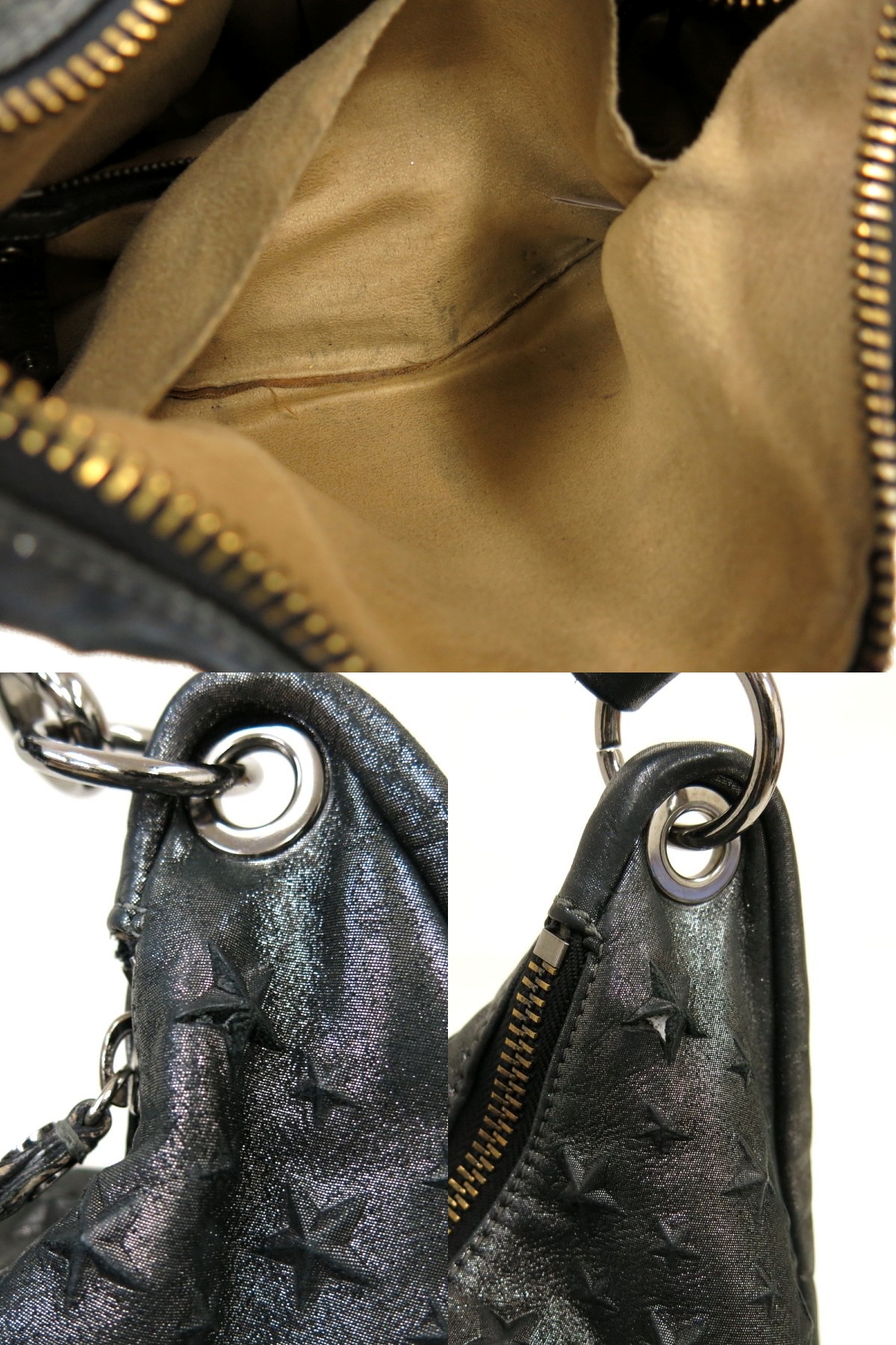 美品 JIMMY CHOO ジミーチュウ ソーラー スターエンボス ラメコーティング レザー 本革 ショルダー バッグ グレー 肩掛け A767－日本代購代Bid第一推介「Funbid」