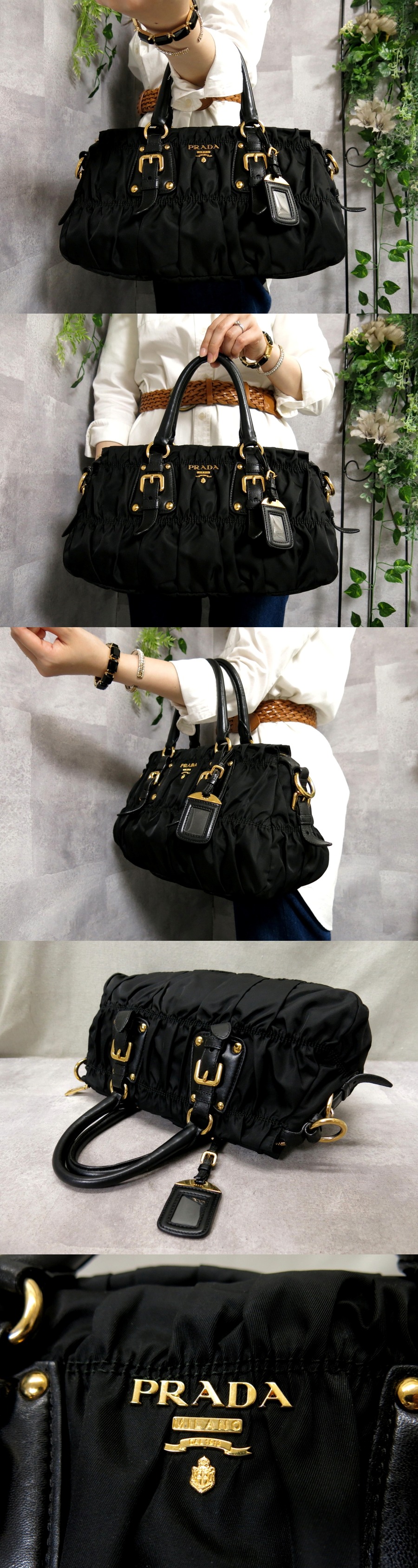 代購代標第一品牌－樂淘letao－ 超美品 PRADA プラダ ギャザー ポコノ ナイロン カーフ レザー 本革 トート バッグ 黒 G金具 腕掛け B5 収納 かばん Js37081