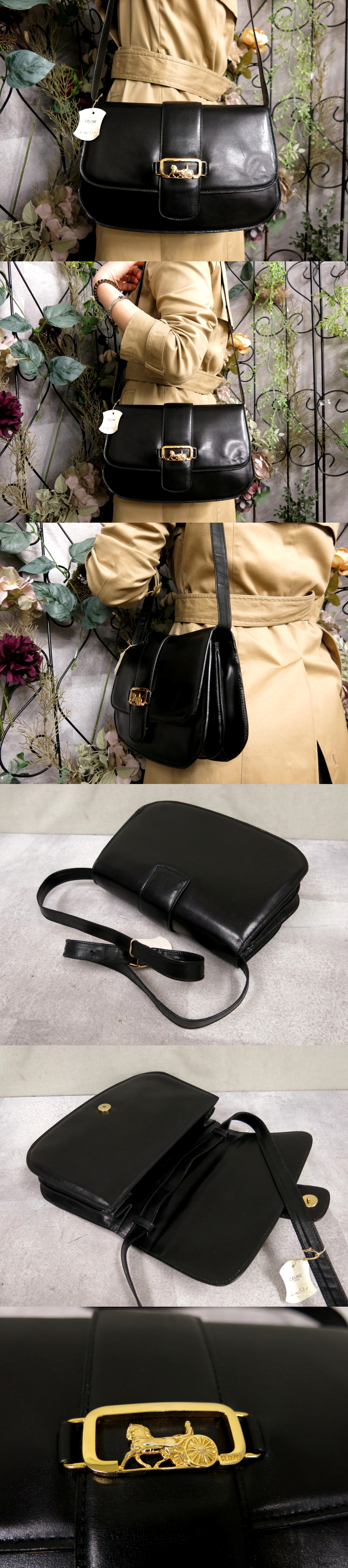 超美品 CELINE セリーヌ 馬車金具 フラップ カーフ レザー 本革 ショルダー バッグ 黒 ゴールド金具 肩掛け かばん Js53895－Funbid香港本地日本代購網站