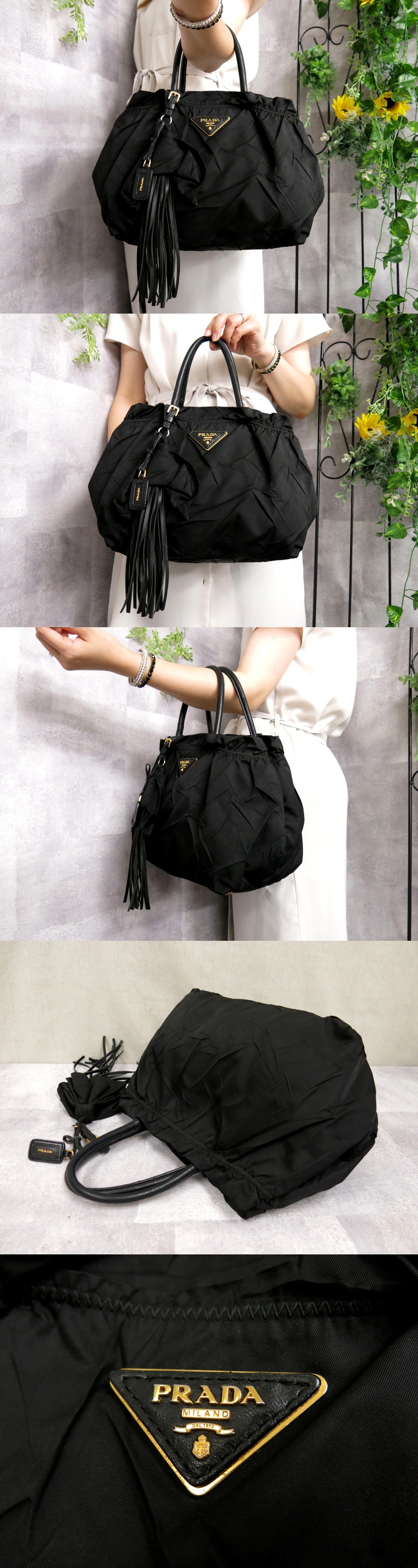 代購代標第一品牌－樂淘letao－ 超美品 PRADA プラダ タッセル ポコノ ナイロン ラム レザー 本革 トート バッグ 黒 G金具 腕掛け B5 収納 かばん Js38429