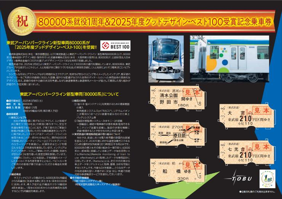 東武鉄道が「80000系就役1周年＆2025年度グッドデザイン・ベスト100受賞記念乗車券」を3月8日から発売 : 柏の葉サイクルライフ