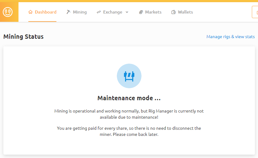 これから始めるマイニング : 【NiceHash】マイニングは正常、Rig Managerはメンテナンス中
