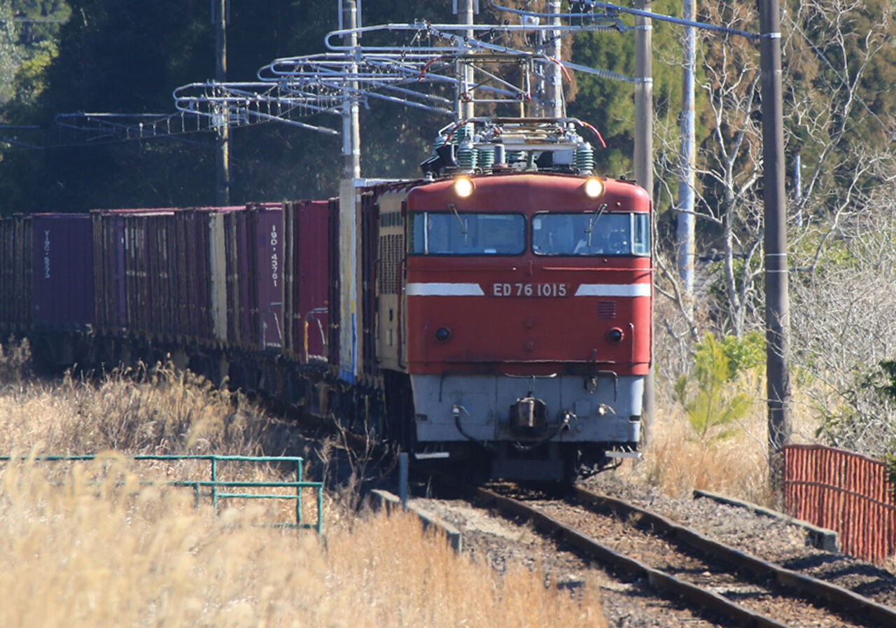 寺脇踏切を通過する ED76 1015 : 鴨池港すぐ