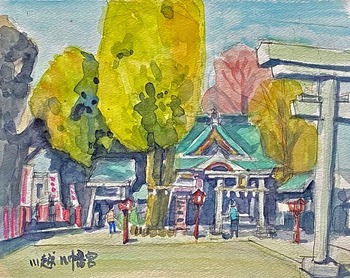小春日和の八幡宮 : 水彩画のこぶとりじいさん