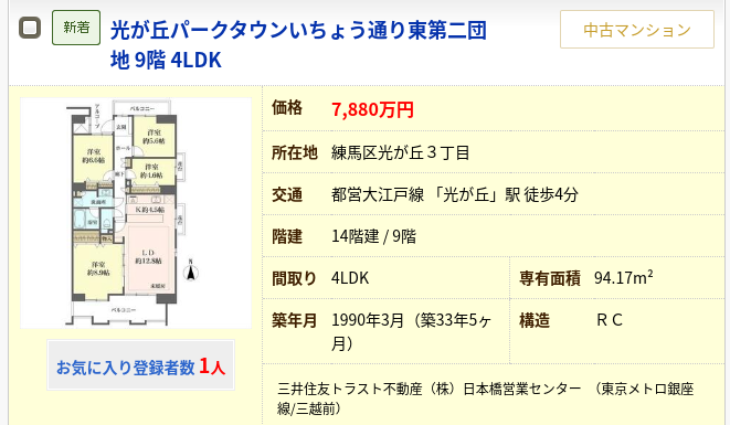 光が丘パークタウンいちょう通り東第二団地 9階 4LDK_7,880万円 : 光が丘に住もう！不動産探索日記