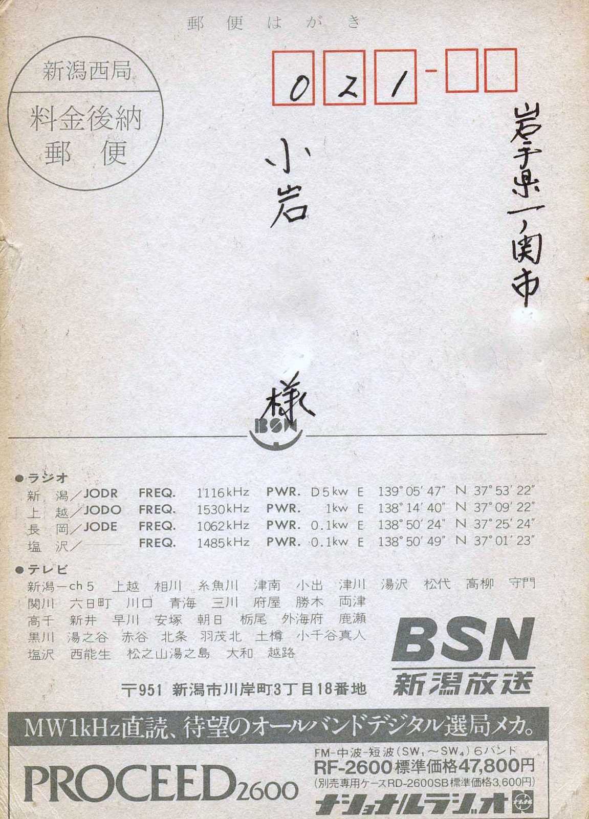 VERIFICATION CARD OF BROADCASTING STATION OF THE WORLD @ NIIGATA ...