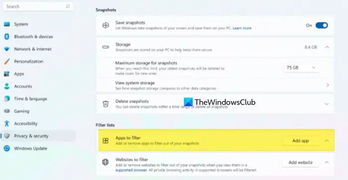Loại trừ ứng dụng hoặc trang web khỏi Ảnh chụp nhanh thu hồi trong Windows 11 : lasenorahenのblog