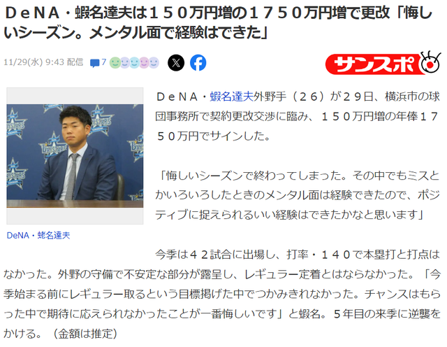 DeNA・京田、現状維持5000万円でサイン 「充実していた」 : なんJ（まとめては）いかんのか？